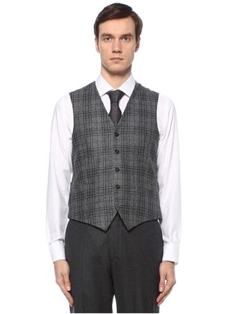 Isaia Erkek Gri V Yaka Kareli Yün Yelek 54 IT