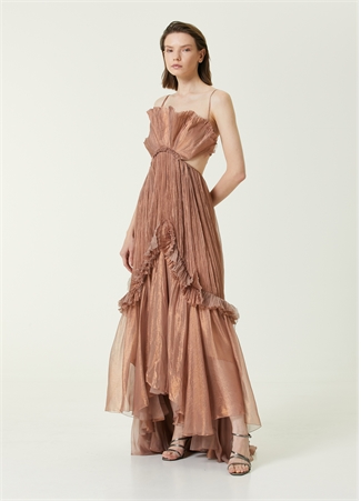 Maria Lucia Hohan Kadın Azora Altın Rengi Fırfırlı Drapeli Midi İpek Abiye Elbis Pembe 36 FR