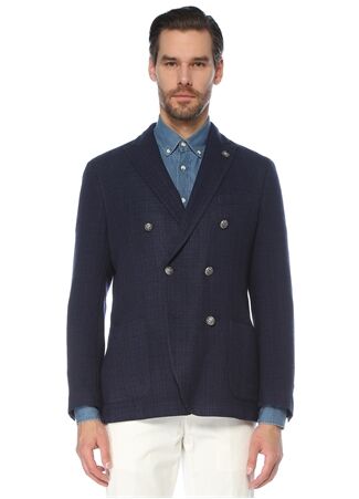 Lardini Erkek Lacivert Desenli Kruvaze Yün Ceket 52 IT