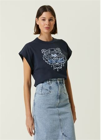 Kenzo Kadın Antrasit Kaplan Nakışlı T-shirt Mavi S EU