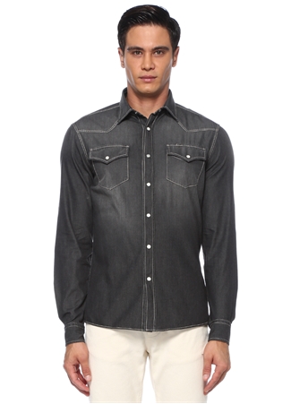 Brunello Cucinelli Erkek Antrasit Polo Yaka Denim Gömlek Gri L EU Brunello Cucinelli Erkek Antrasit Polo Yaka Denim Gömlek Gri L EU