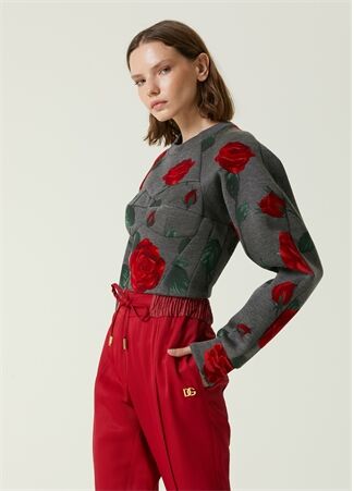 Dolce&Gabbana Kadın Gri Kırmızı Gül Desenli Sweatshirt 42 IT