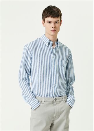 Etro Erkek Mavi Çizgi Desenli Keten Gömlek 42 IT