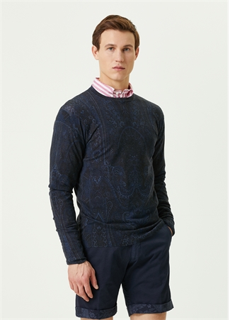 Etro Erkek Lacivert Bisiklet Yaka Şal Desenli İpek Kazak M EU Etro Erkek Lacivert Bisiklet Yaka Şal Desenli İpek Kazak M EU