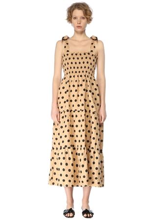 Faithfull The Brand Kadın Rianne Bej Siyah Puantiyeli Midi Keten Elbise XS EU