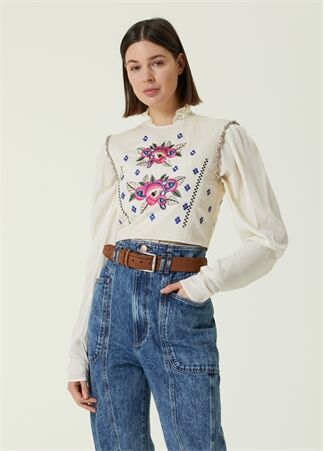 Isabel Marant Kadın Ekru Çiçek Nakışlı Boncuklu İpek Bluz Bej 34 FR