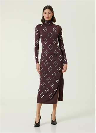 Dries Van Noten Kadın Mürdüm Dik Yaka Taşlı Midi Kokteyl Elbise Mor S EU Dries Van Noten Kadın Mürdüm Dik Yaka Taşlı Midi Kokteyl Elbise Mor S EU