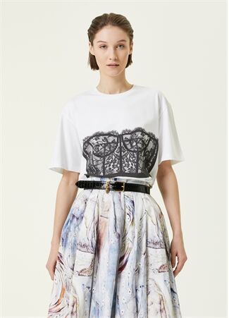 Alexander McQueen Kadın Beyaz Bisiklet Yaka Korse Baskılı T-shirt 40 IT