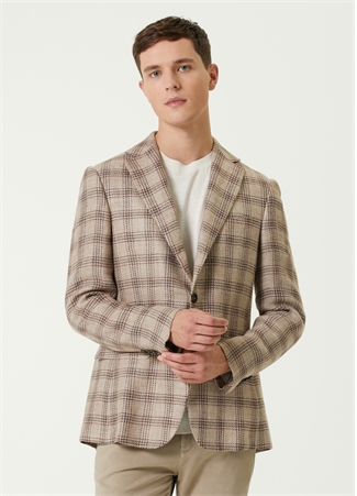 Pal Zileri Erkek Bej Kelebek Yaka Kareli Keten Ceket Kahverengi 50 IT Pal Zileri Erkek Bej Kelebek Yaka Kareli Keten Ceket Kahverengi 50 IT