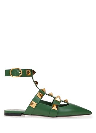 Valentino Garavani Kadın Yeşil Kemer Detaylı Deri Babet 36 EU