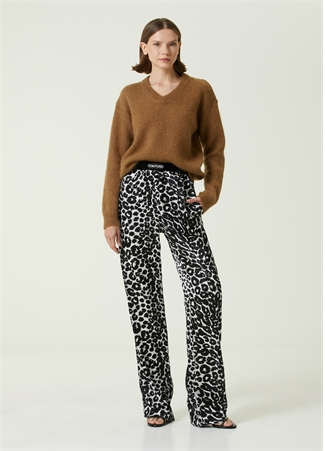 Tom Ford Kadın Siyah Beyaz Leopar Desenli İpek Pantolon M EU