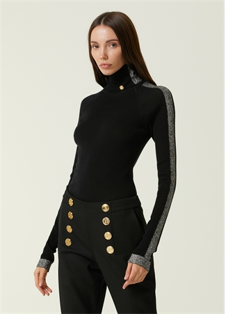 Balmain Kadın Siyah Silver Balıkçı Yaka Şeritli Kazak 36 FR