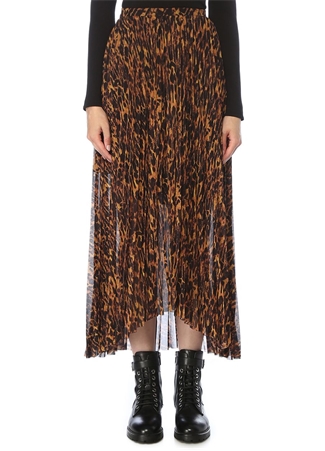 Allsaints Kadın Cora Leopar Desenli Asimetrik Pilili Midi Etek Kahverengi 2 US