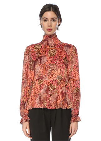 Oopscool Kadın Baloon Turuncu Çiçekli Sırt Detaylı Bluz M EU