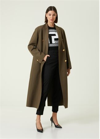 Versace Kadın Haki Kemerli Kruvaze Yün Palto 38 IT