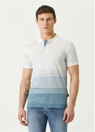 Pal Zileri Erkek Beyaz Polo Yaka Çizgili Kısa Kollu Triko M EU