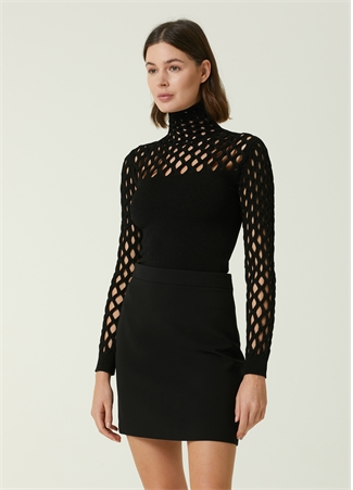 Valentino Kadın Siyah Balıkçı Yaka Lazer Kesimli Kazak L EU