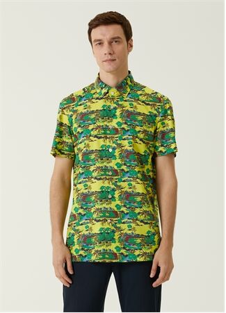 Kiton Erkek Sarı Yeşil Palmiye Desenli Kısa Kollu Gömlek 4 IT