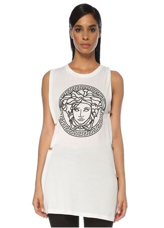 Versace Kadın Beyaz Medusa Baskılı Kesim Detaylı T-shirt 42 IT