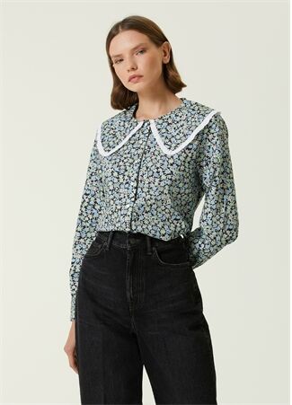 Maje Kadın Mavi Yakası Fırfırlı Çiçekli Gömlek 3 US