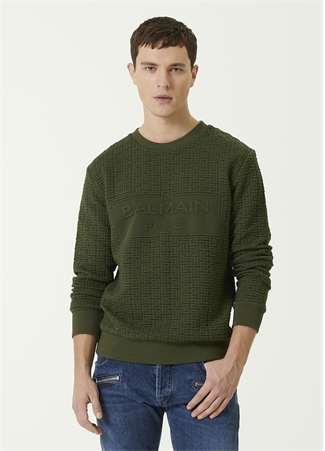 Balmain Erkek Haki Kabartmalı Logo Desenli Sweatshirt S EU Balmain Erkek Haki Kabartmalı Logo Desenli Sweatshirt S EU