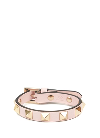Valentino Garavani Kadın Rockstud Altın Rengi Deri Bileklik Pembe EU