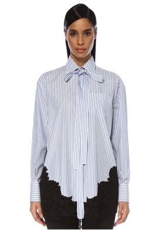 Valentino Kadın Mavi Siyah Çizgili Dantel Garnili Gömlek 38 IT
