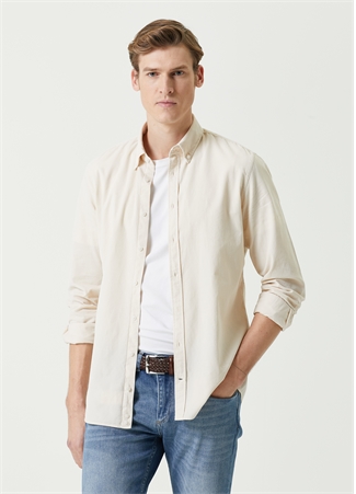 Beymen Collection Erkek Custom Fit Ekru Düğmeli Yaka Gömlek Bej 38 EU