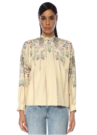Etro Kadın Ekru Yakası Bağcıklı Etnik Desenli İpek Bluz Bej 42 IT