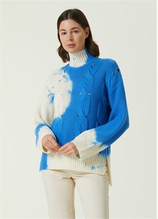 Off-White Kadın Mavi Beyaz Saç Örgü Dokulu Yün Kazak 38 IT