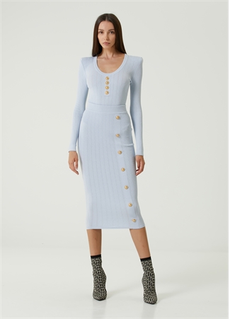 Balmain Kadın Mavi Ribli Midi Triko Etek 36 FR Balmain Kadın Mavi Ribli Midi Triko Etek 36 FR