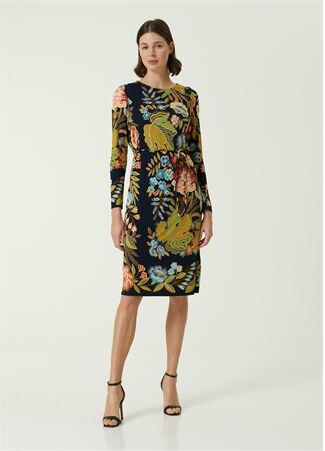 Etro Kadın Lacivert Çiçekli Uzun Kol Midi Elbise 38 IT