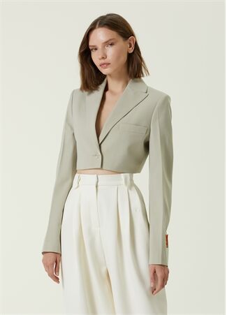 Off-White Kadın Gri Tek Düğmeli Crop Ceket Bej 40 IT
