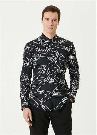Boss Erkek Slim Fit Siyah Logo Desenli Gömlek S EU