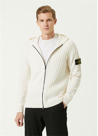 Stone Island Erkek Ekru Kapüşonlu Çizgi Dokulu Triko Hırka Bej XL EU