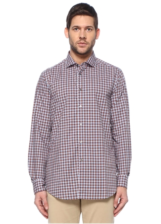 Pal Zileri Erkek Turuncu Açık Yaka Kareli Gömlek 4 IT