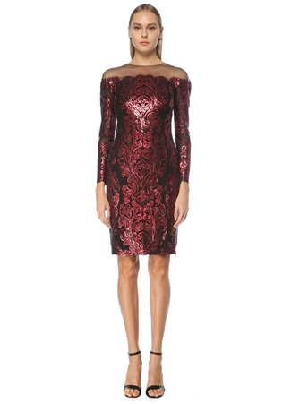 Tadashi Shoji Kadın Betul Bordo Siyah İşlemeli Mini Kokteyl Elbise 4 US