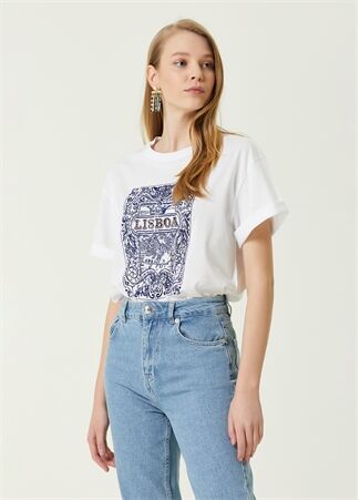 Beymen Club Kadın Lisboa Beyaz Bisiklet Yaka Baskılı T-shirt XS