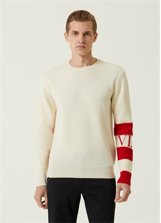 Valentino Erkek Ekru Kırmızı Logo Jakarlı Yün Kazak M EU