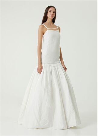 Jacquemus Kadın Ekru Kare Yaka Maksi Keten Elbise Bej 36 FR