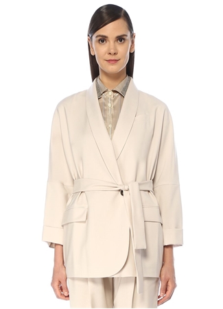 Brunello Cucinelli Kadın Ekru Şal Yaka Kuşaklı Kruvaze Yün Ceket Bej 42 IT