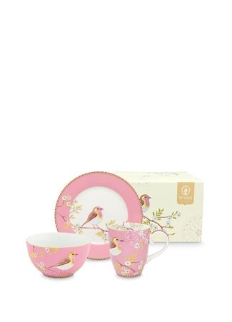 Pip Studio Pembe Kuş Baskılı 3li Porselen Kahvaltı Seti