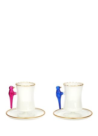 Martius Kuş Detaylı 2li Üfleme Cam Kahve Fincan Seti Pembe