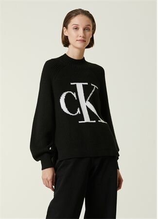 CK Jeans Kadın Siyah Dik Yaka Logo Jakarlı Kazak S EU