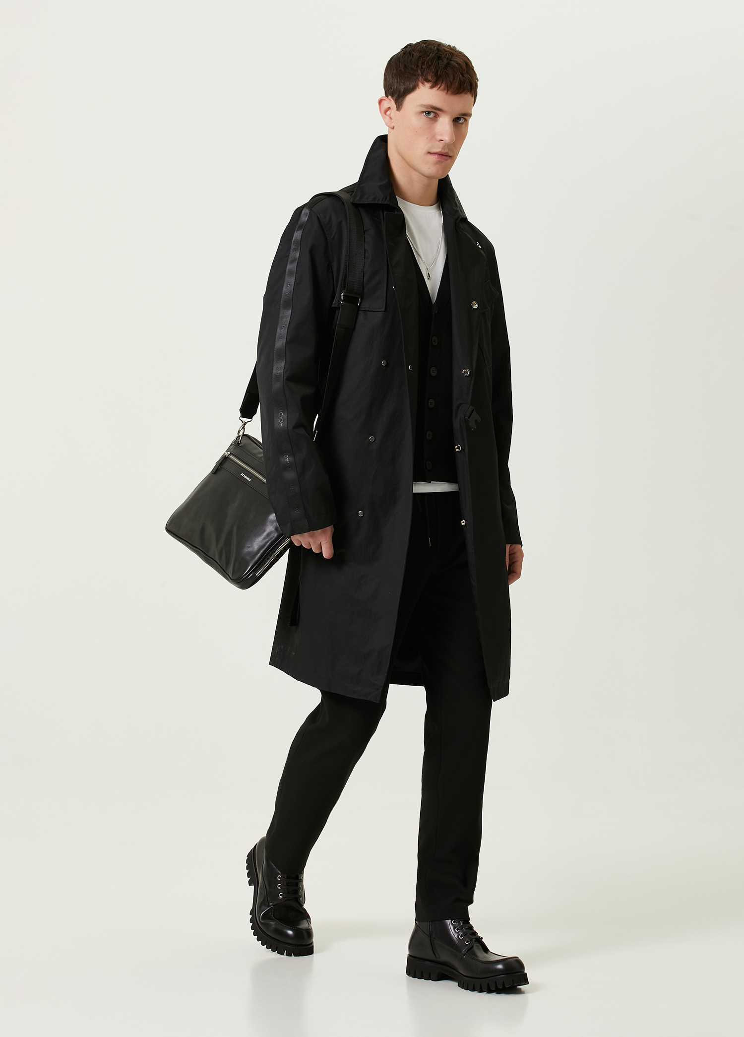 Academia Siyah Erkek Siyah Logo Bantlı Kruvaze Pardösü 1102096 | Beymen