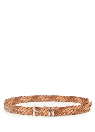 Eleventy Erkek Taba Örgü Dokulu Deri Kemer Turuncu 0 EU