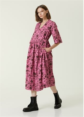 Ganni Kadın Pembe Desenli Midi Kruvaze Elbise S/M EU