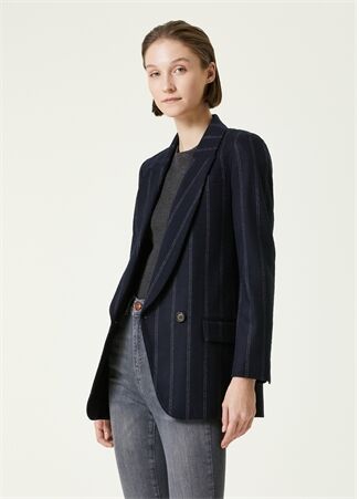 Brunello Cucinelli Kadın Lacivert Gri Çizgili Yün Ceket 36 IT