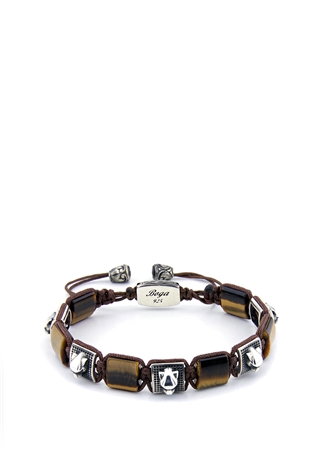 Boga Erkek Kahverengi Panterli Makrame Gümüş Rengi Bileklik EU