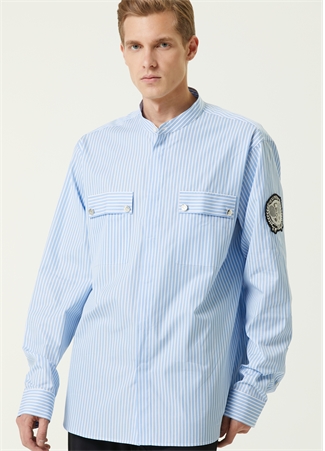 Balmain Erkek Mavi Beyaz Çizgili Patch Detaylı Gömlek 40 IT